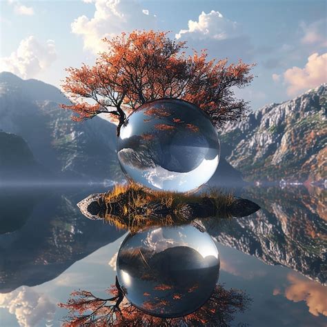 3d Rendered Photo Of A Sphere With A Tree In The Background And A Tree In The Reflection