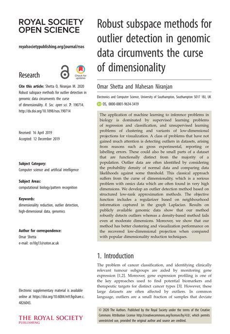 Pdf Robust Subspace Methods For Outlier Detection In Genomic Data Circumvents The Curse Of