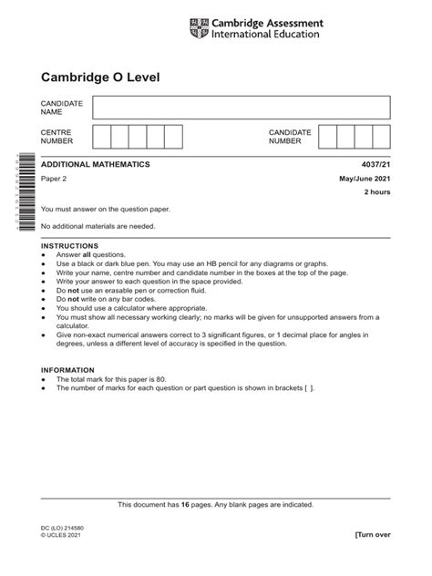 Cambridge O Level Additional Mathematics 4037 21 Pdf Equations