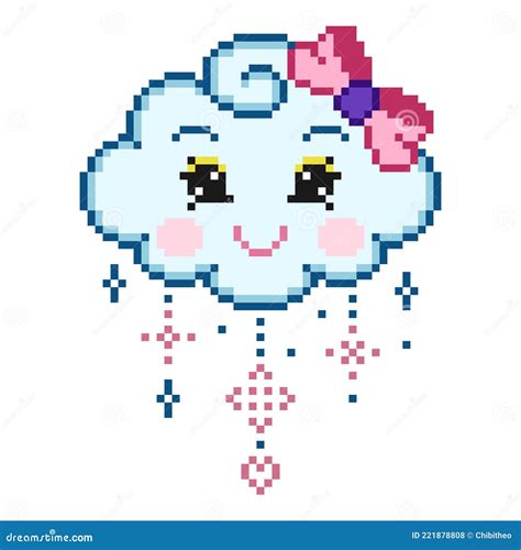Pixel A Cute Cartoon Face Cloud With Colorful Rain Drops Vector Illustration Of Pixel Art Stock