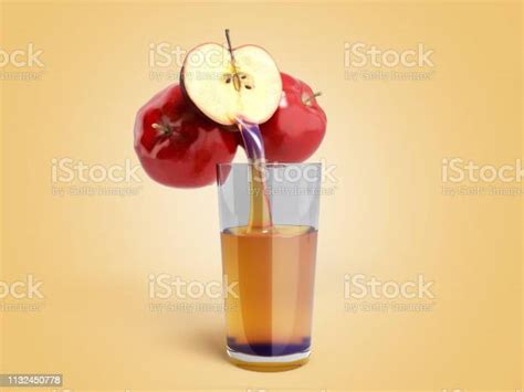 신선한 천연 주스의 개념 사과 주스는 신선한 사과에서 색 배경에 유리 3d 렌더링으로 흐른다 0명에 대한 스톡 사진 및 기타 이미지 Istock