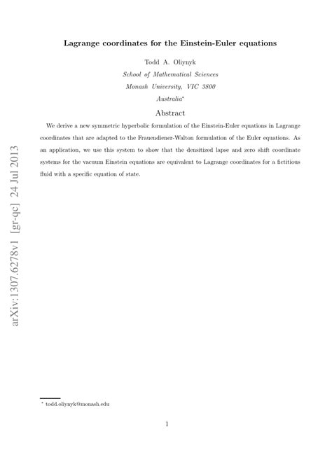 Pdf Lagrange Coordinates For The Einstein Euler Equations