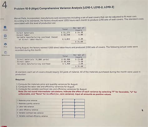 get answer 4problem 10 9 algo comprehensive variance analysis
