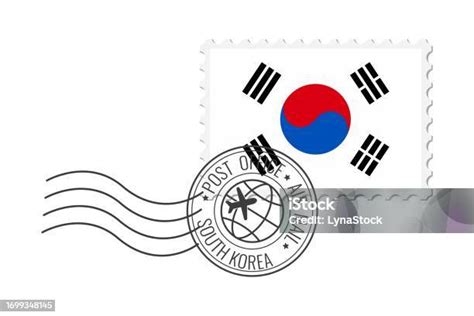 대한민국 우표 하얀 배경에 분리된 한국 국기가 있는 엽서 벡터 그림 고무도장에 대한 스톡 벡터 아트 및 기타 이미지 고무도장