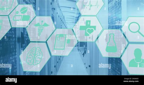 Image Of Icon In Hexagon Pattern Over Binary Codes And Lens Flares Against Server Room Stock
