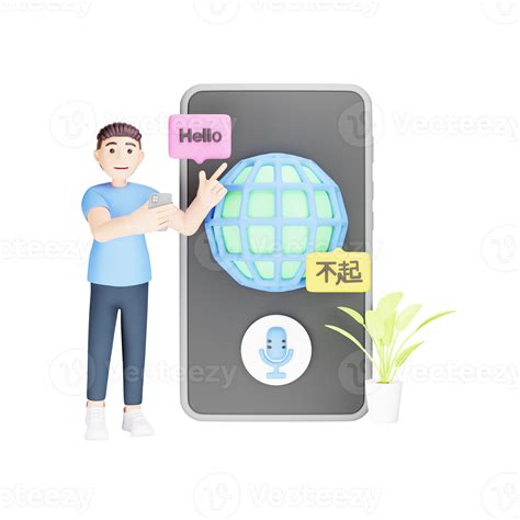 man using mobile translator app 3d character illustration for