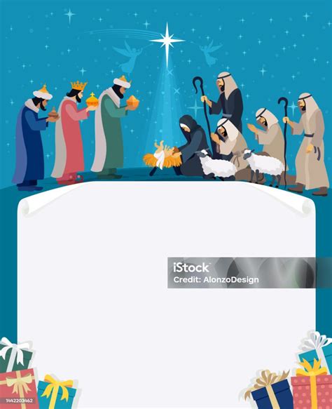 그리스도의 탄생 거룩한 밤 크리스마스 성탄절 장면입니다 종이 스크롤 성탄화에 대한 스톡 벡터 아트 및 기타 이미지 성탄화 아이 예수 Istock