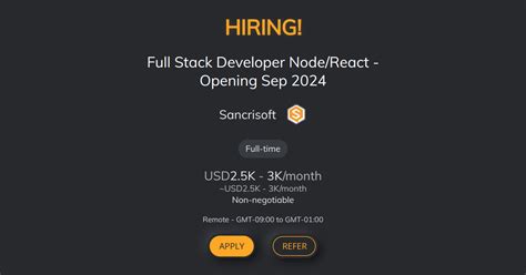full stack developer node react opening sep 2024 at sancrisoft torre