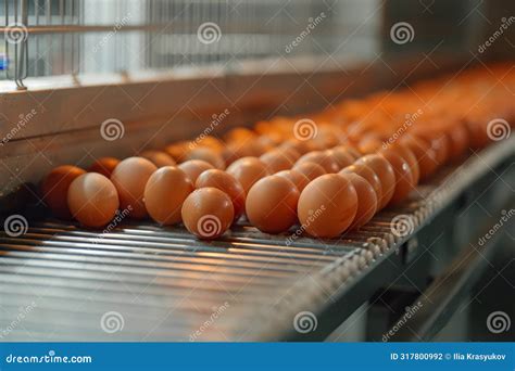 Beige Chicken Eggs On Conveyor In Automated Egg Collection System At A