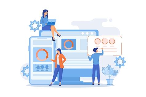 premium vector developers at computer and smartphone working on
