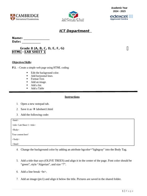 G8 Lab Sheet 1 Html 2 Pdf Olive Html Element