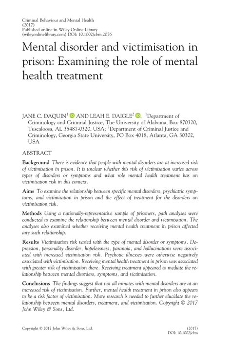 Pdf Mental Disorder And Victimisation In Prison Examining The Role Of Mental Health Treatment