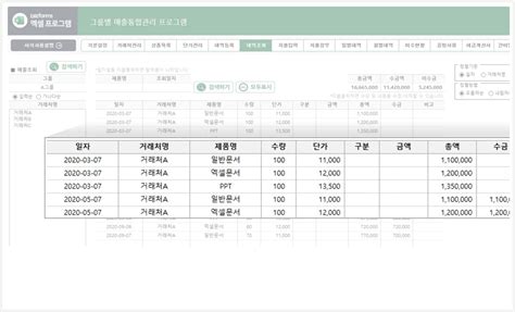 비즈샵 그룹별 매출통합관리 프로그램기본설정 거래처관리 상품목록 단가관리 지출장부 일별내역 월별내역 미수현황