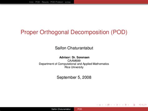 Proper Orthogonal Decomposition Outline Mathematical Sciences Caam 699 Docsity