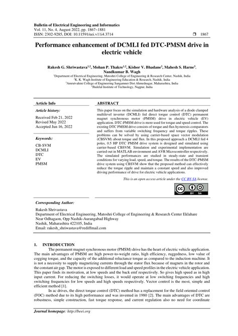 Pdf Performance Enhancement Of Dcmli Fed Dtc Pmsm Drive In Electric