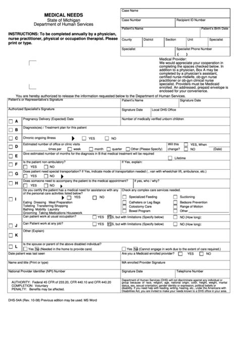 Dhs 54 A Medical Needs State Of Michigan Department Of Human Services Printable Pdf Download