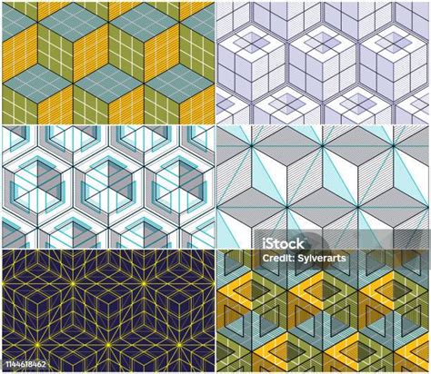 기하학적 큐브 추상 원활한 패턴 세트 3d 벡터 배경 컬렉션입니다 기술 스타일 엔지니어링 라인은 끝 없는 화려한 그림을 그리기