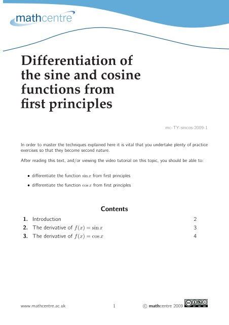 Differentiation Of The Sine And Cosine Functions From First Mathcentre