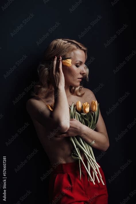 Portrait Of Candid Authentic Sexy Model Blonde Girl Half Naked Posing