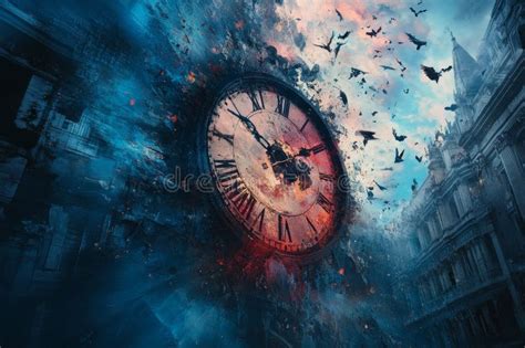 Dramatic Scene Of A Clock Face Exploding In A City With Birds Flying