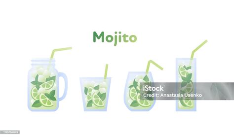 벡터 현대 플랫 모히토 칵테일 일러스트 세트입니다 흰색에 고립 된 텍스트와 고전적인 모히토 음료녹색 유리 알코올 음료 메뉴 광고 레스토랑 카페에 대한 디자인 요소 0명에