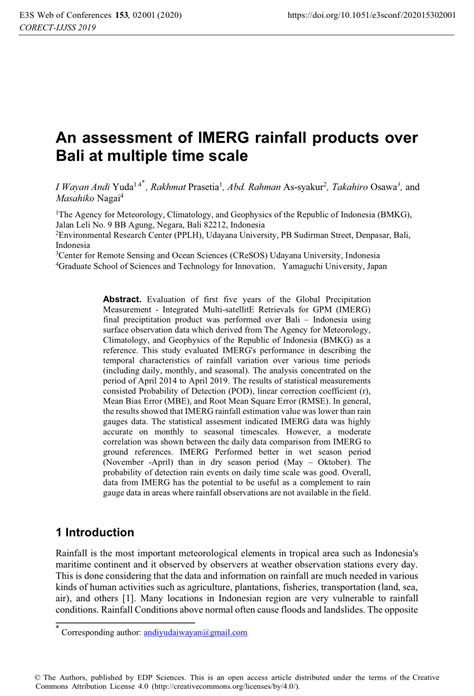 Pdf An Assessment Of Imerg Rainfall Products Over Bali At Multiple Time Scale