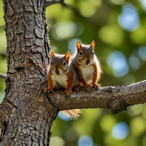 Red Squirrels Sitting On The Tree Stock Illustration Illustration Of Tree Leaf 335523921