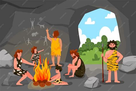 Tribu Primitiva Gente De Las Cavernas Edad De Piedra Pintura Primaria
