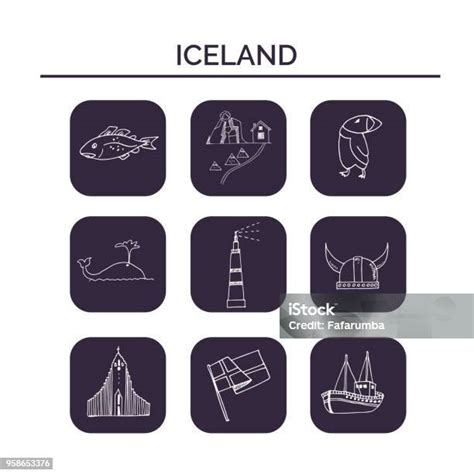 아이슬란드 손으로 그린 낙서 집합입니다 스케치입니다 디자인 및 패키지 제품에 대 한 벡터 일러스트입니다 기호 컬렉션입니다 칠판 배경 절연된 요소 0명에 대한 스톡 벡터 아트