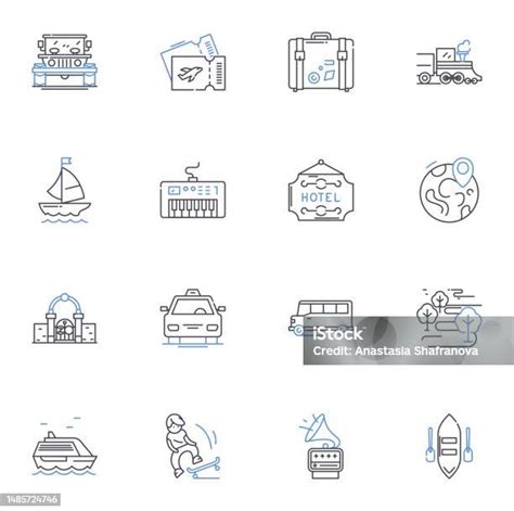 관광 라인 아이콘 컬렉션입니다 모험 목적지 탐험 문화 관광 랜드마크 탈출 벡터 및 선형 그림 체험 도주 여행 개요 표지판 세트 Film Festival에 대한 스톡 벡터