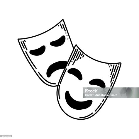 배우의 얼굴 마스크 낙서 스타일로 손으로 그린 연극 용 마스크의 윤곽 아이콘 기쁨과 슬픔의 감정 격리된 선 도면 요소입니다 벡터 그림입니다 Film Festival에 대한