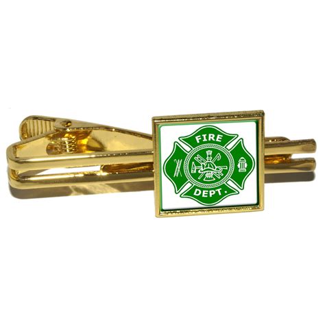 Firefighter Firemen Maltese Cross Green Square Tie Bar Clip Clasp