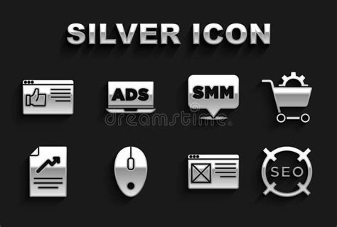 Set Computer Mouse Shopping Cart Seo Optimization Browser Window Document With Graph Chart