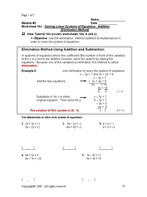 Elimination Method Pdf System Of Linear Equations Equations