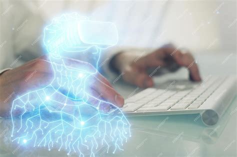 Premium Photo Ar Hologram With Man Working On Computer On Background Augmented Reality Concept