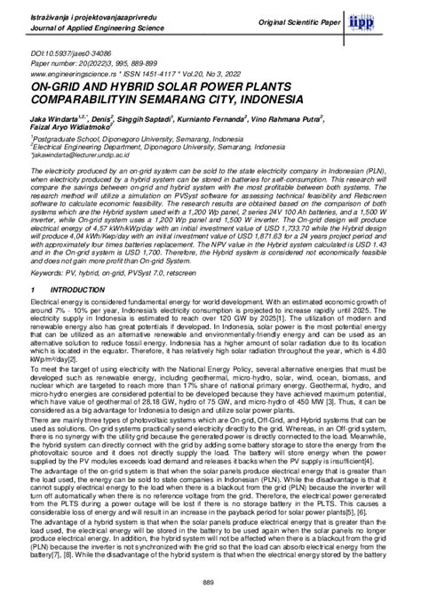 Pdf On Grid And Hybrid Solar Power Plants Comparabilityin Semarang City Indonesia