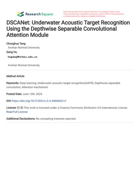 Pdf Dscanet Underwater Acoustic Target Recognition Using The Depthwise Separable