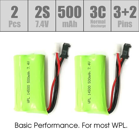 2pcs 2S 7.4V 500mAh Li-Ion Battery 14500 – WPL RC Official Store