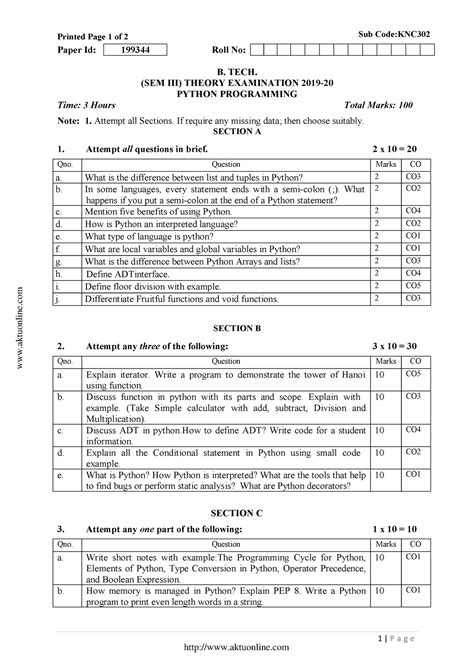 Python Paper 2019 Printed Page 1 Of 2 Sub Codeknc Paper Id 199344