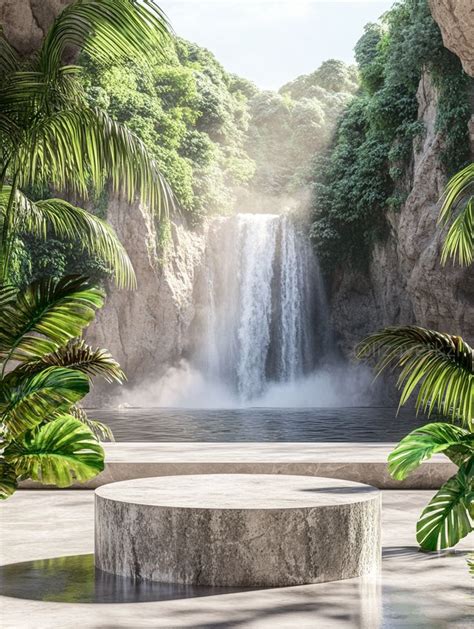 Подиум для презентации товара Нейросеть Фон для товара Каменный подиум на фоне водопада