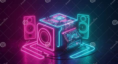 Neon Retro Cube Speaker System With Circuitry Stock Illustration Illustration Of Component