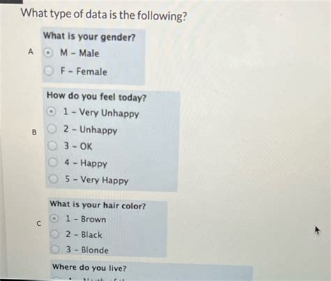 Solved What Type Of Data Is The Following What Is Your Gender Am