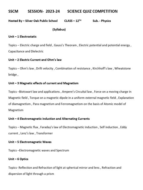 Sscm Class 12 Physics Syllabus Science Quiz Pdf Teaching Methods And Materials Science