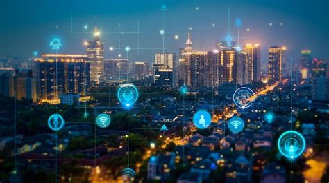 A Cityscape At Night With Glowing Lights And Digital Network Icons Overlay Representing A Smart