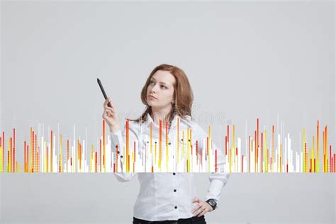 Finance Data Concept Woman Working With Analytics Chart Graph Information On Digital Screen