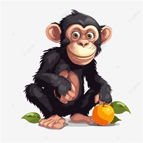 Chimp Vector Sticker Clipart Cartoon Chimpanzee With An Orange Sitting On The White Background