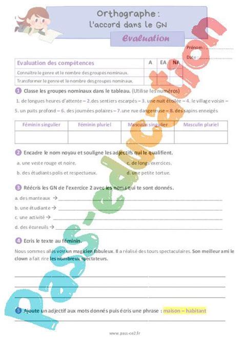 Laccord dans le groupe nominal Évaluation dorthographe pour le ce2 PDF à imprimer par Pass