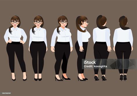 애니메이션을위한 흰색 셔츠플러스 크기의 비즈니스 우먼과 만화 캐릭터 전면 측면 뒤 34 뷰 문자 플랫 벡터 일러스트레이션