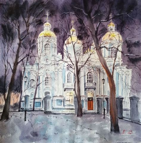 Картина акварелью ночной город Петербург Никольский собор в интернет ...