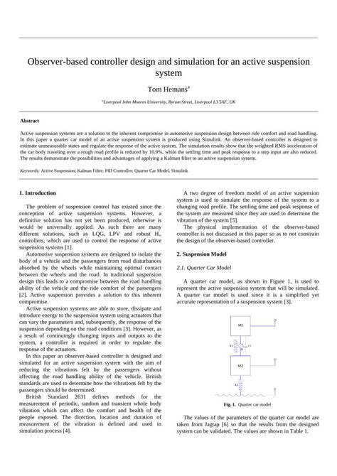 Pdf Observer Based Controller Design And Simulation For An Active Suspension System Dokumentips